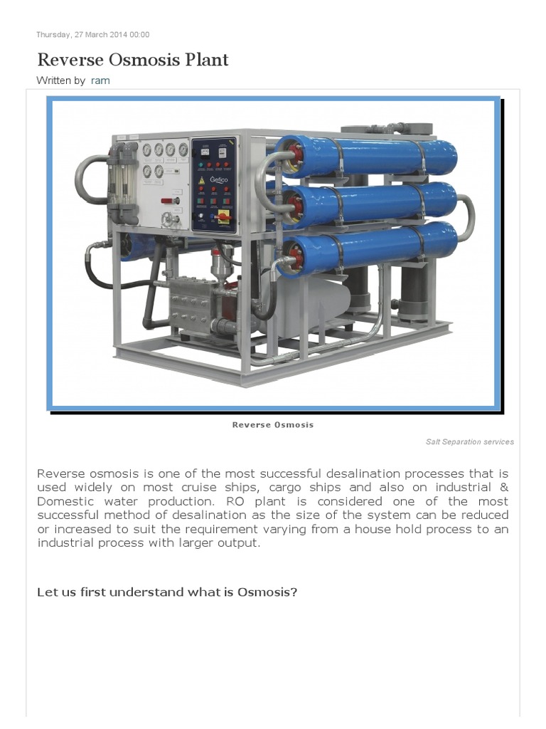 Reverse Osmosis Plant | PDF | Osmosis | Membrane
