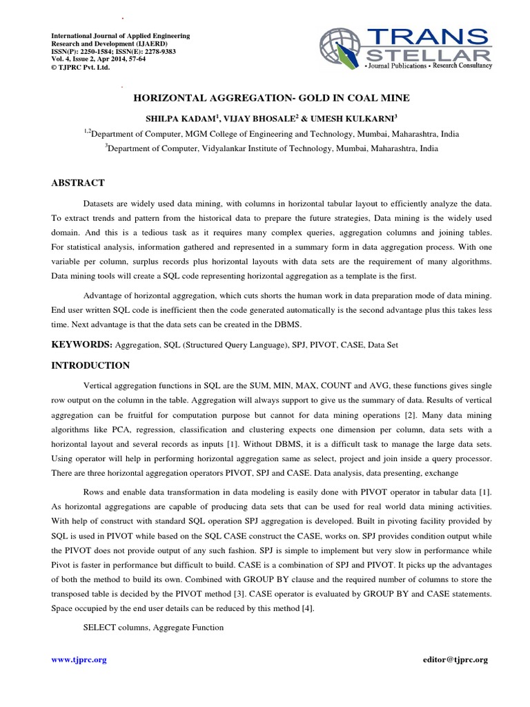 Applied - Horizontal Aggregation - Shilpa Kadam | PDF | Sql | Databases