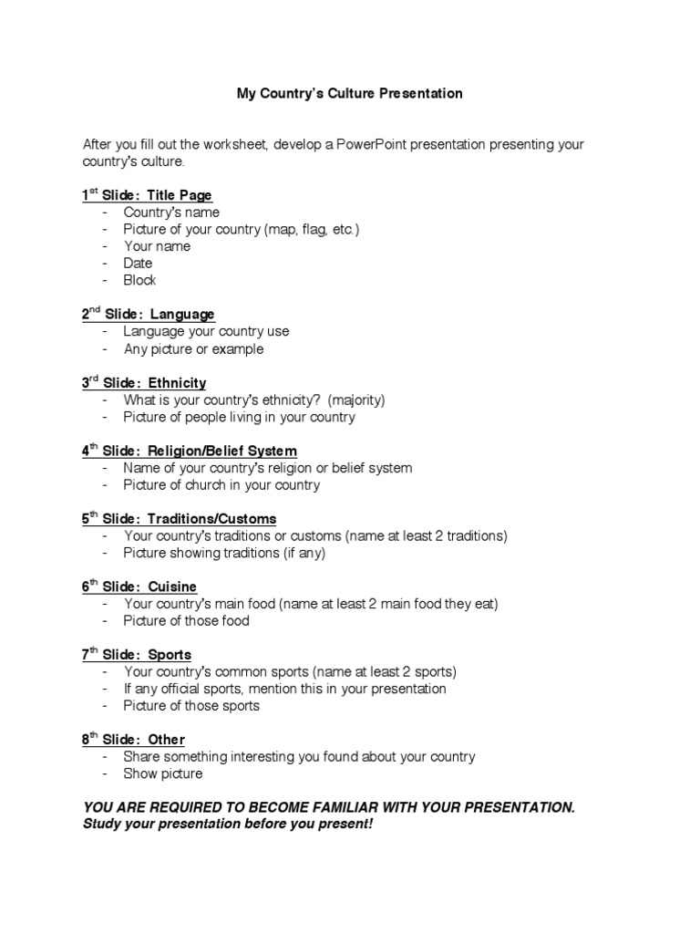 My Country's Culture Presentation Guide | PDF | Social Science