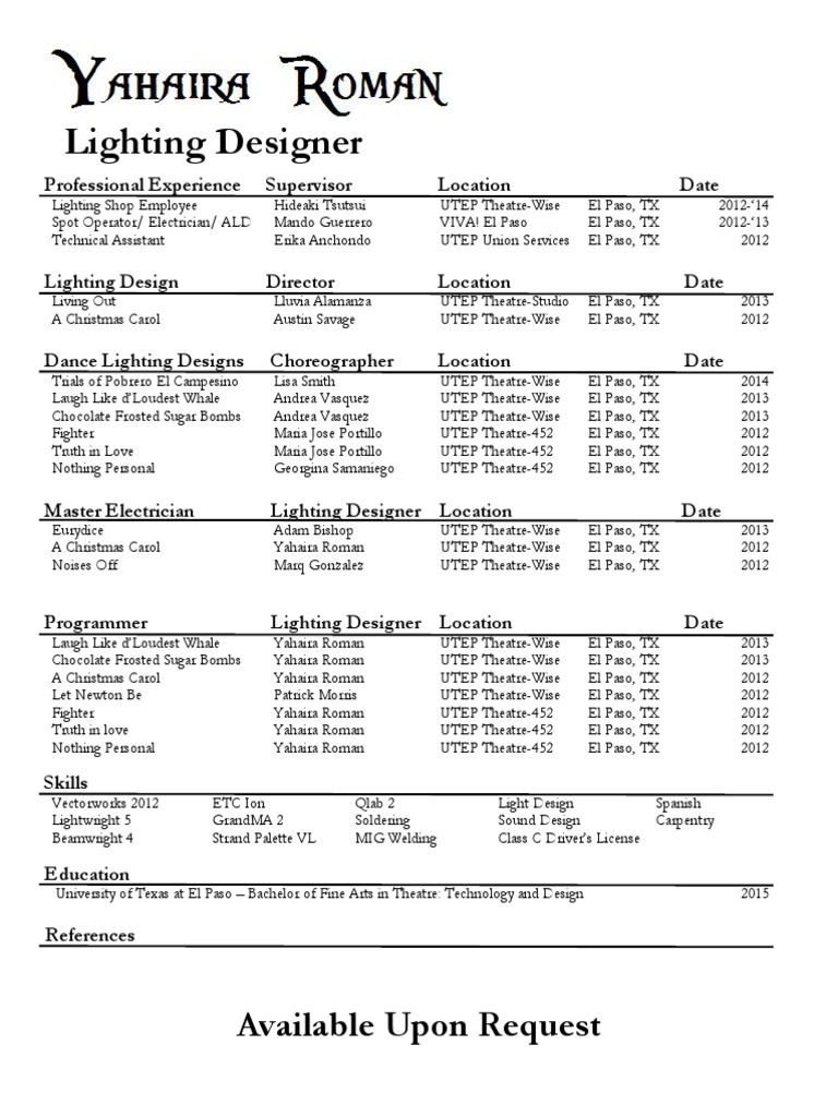 Lighting Designer Experience and Skills | PDF