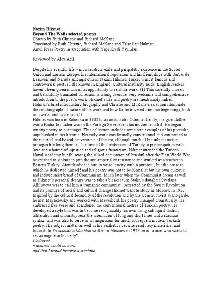 Nazim Hikmet Beyond The Walls Selected Poems Chosen by Ruth | PDF ...