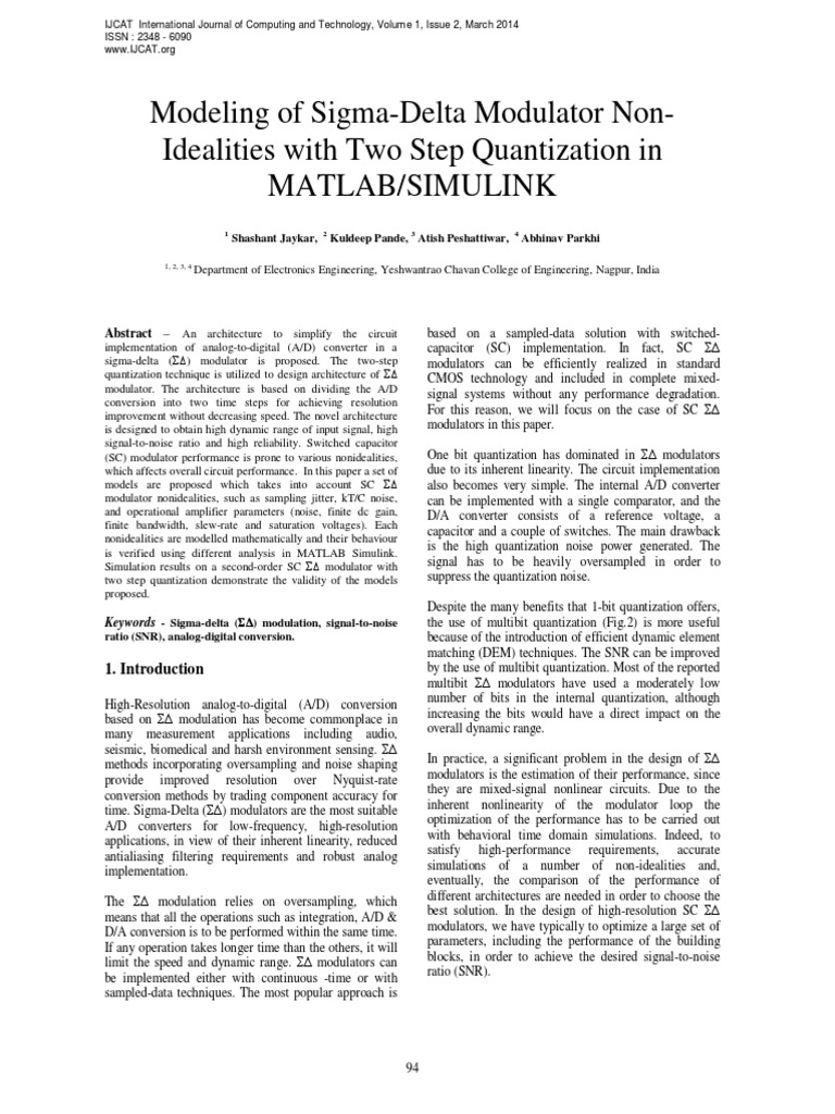Modeling of Sigma Delta Modulator Non Idealities With Two Step Quantization in MATLAB SIMULINK ...