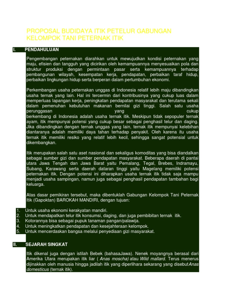 Proposal Budidaya Itik Petelur Gabungan Kelompok Tani Peternak Itik | PDF