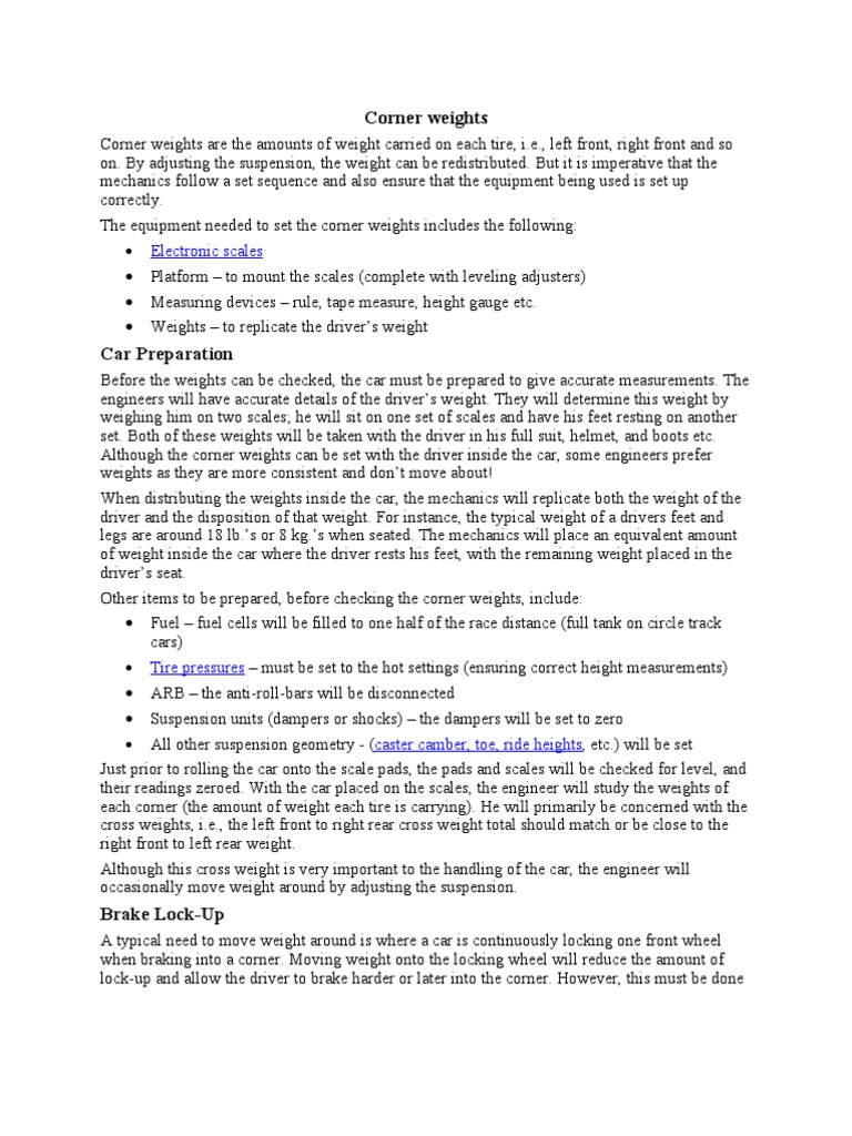 Corner Weights and Car Handling Adjustments | PDF | Suspension (Vehicle ...