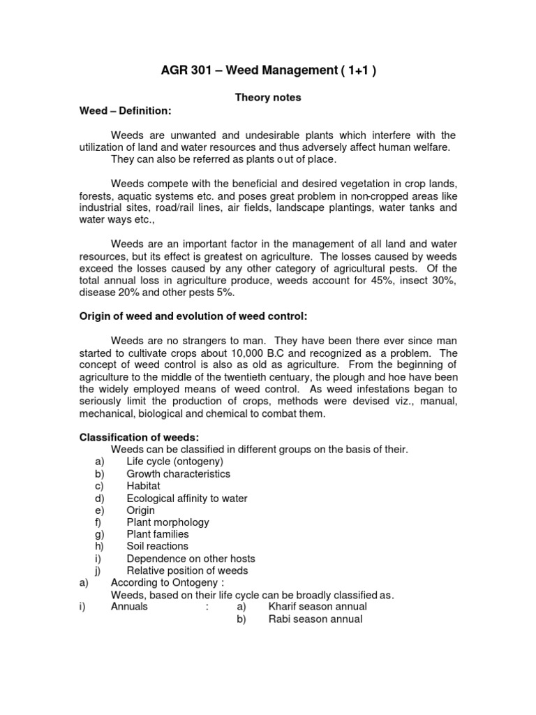 AGR 301 - Weed Management (1+1) : Theory Notes Weed - Definition ...