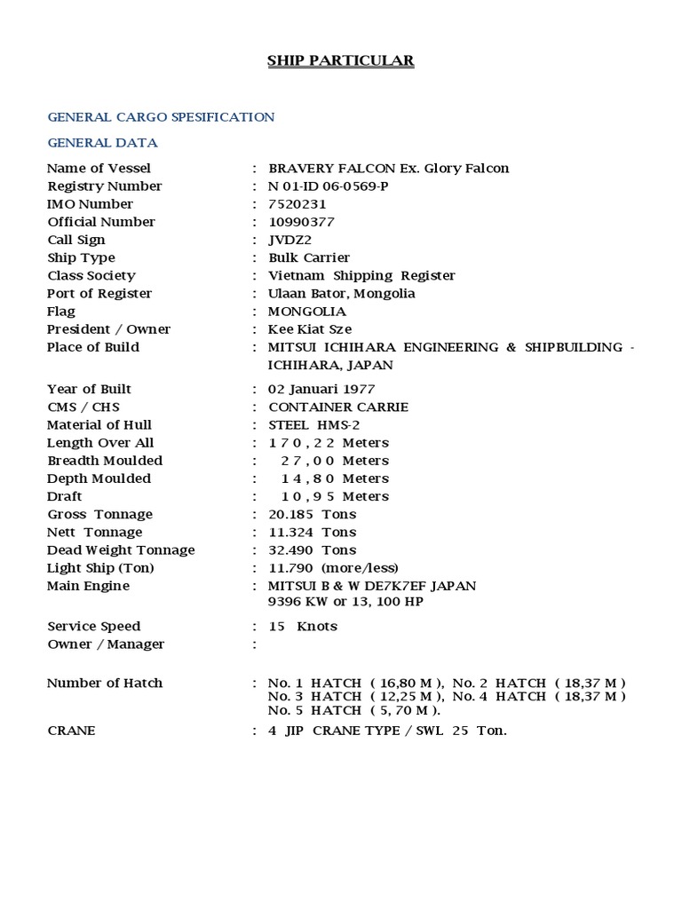 Ship Particulars of Bravery Falcon | PDF