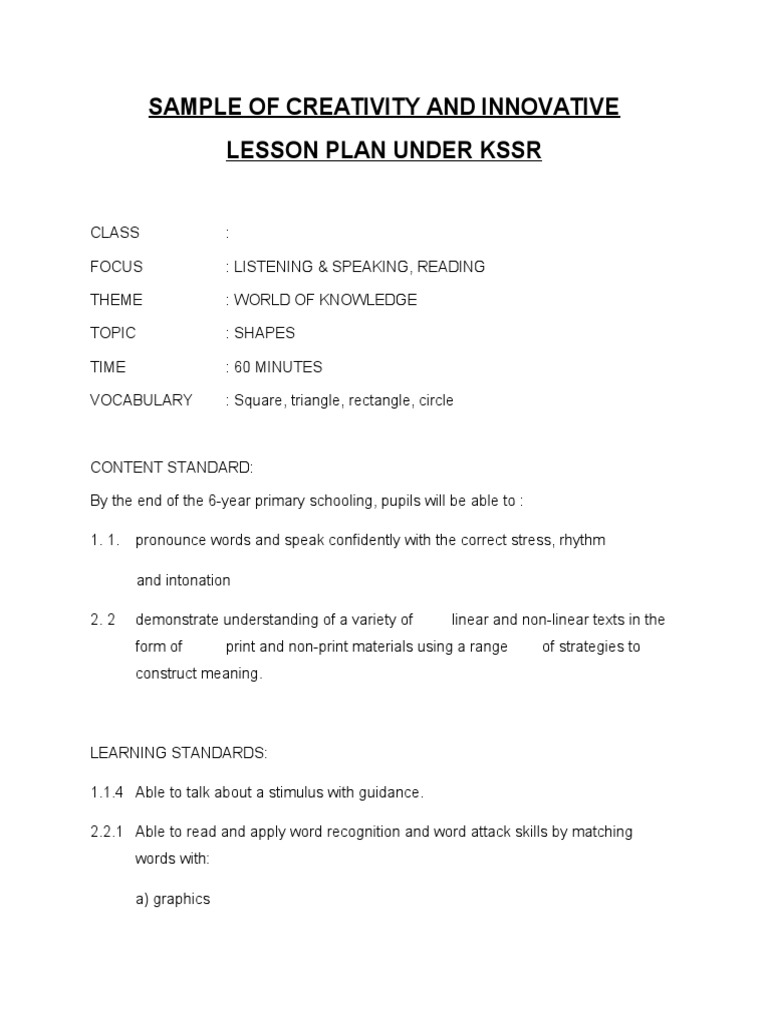 Sample of Creativity and Innovative Lesson Plan Under KSSR | PDF ...