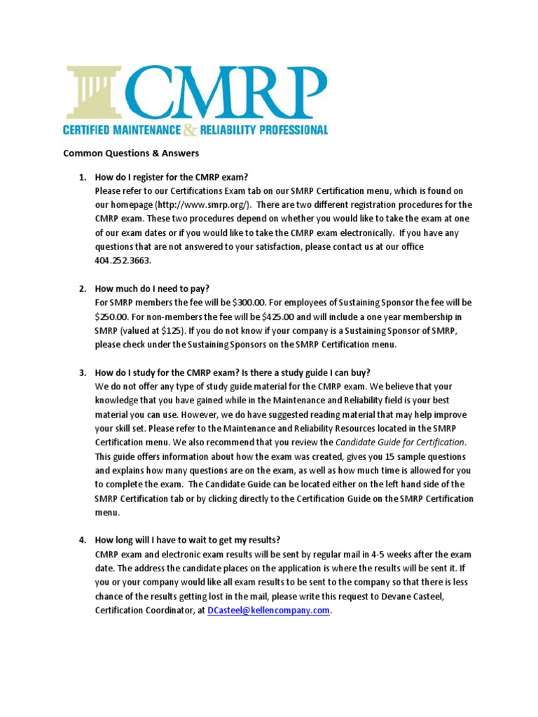 Common CMRP Faqs | PDF | Test (Assessment) | Business