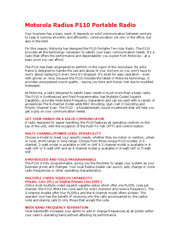 Motorola Radius P110 Portable Radio - Rugged Two-Way Radio for Basic ...