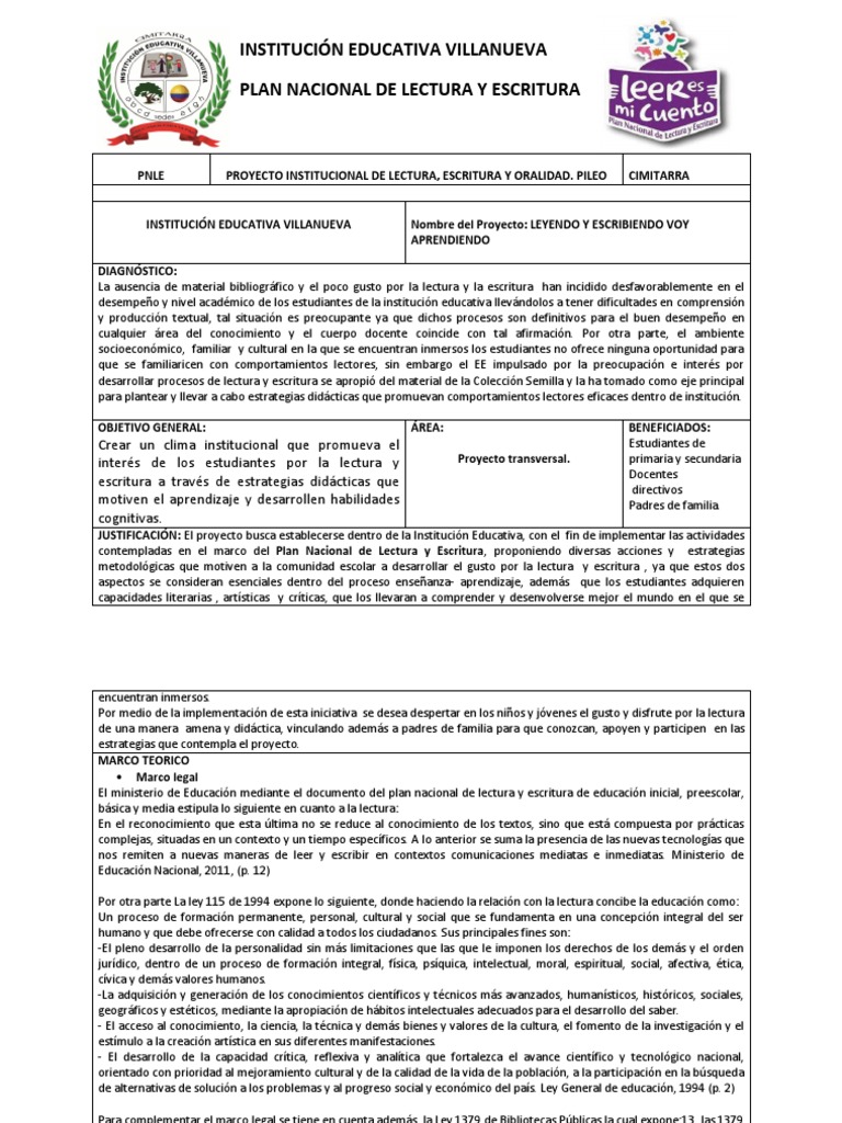 Proyecto Institucional de Lectura, Escritura y Oralidad | PDF | Lectura ...