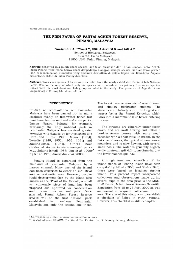 Fish Fauna Pantai Acheh Penang Malaysia | PDF