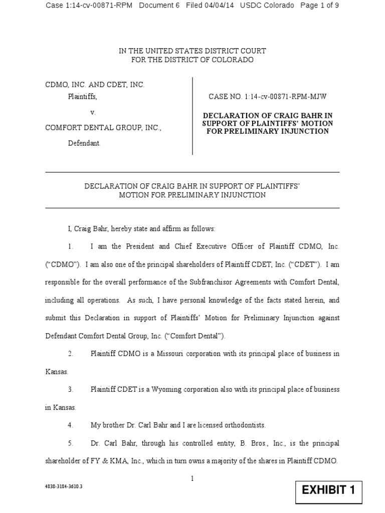 6 CDMO CDET Craig and Carl Bahr V Comfort Dental-Crag Bahr Declaration ...