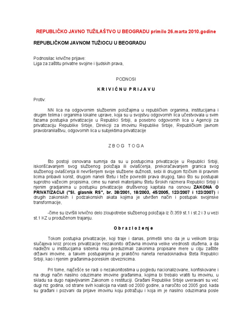 Krivicna Prijava Protiv NN Lica | PDF