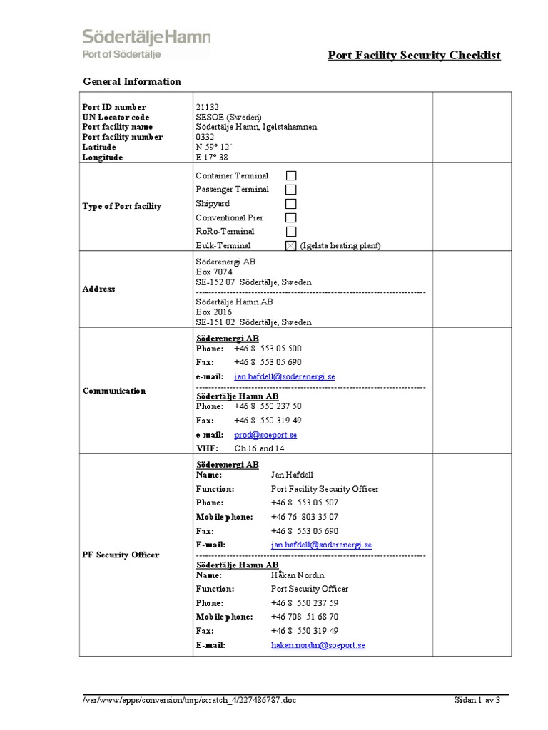 Port Facility Security Checklist, Igelsta | PDF | Business | Transport