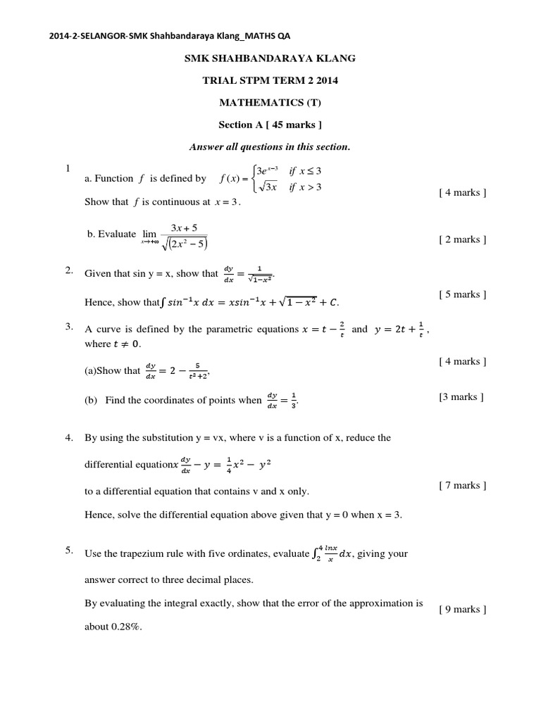 SMK Shahbandaraya Klang Maths Trial 2014 | PDF | Significant Figures ...