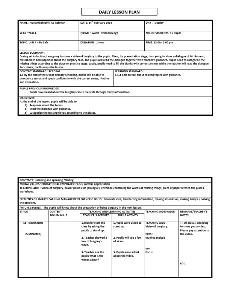 ENGLISH Lesson Plan 7 Listening and Speaking BE SAFE | PDF | Lesson ...