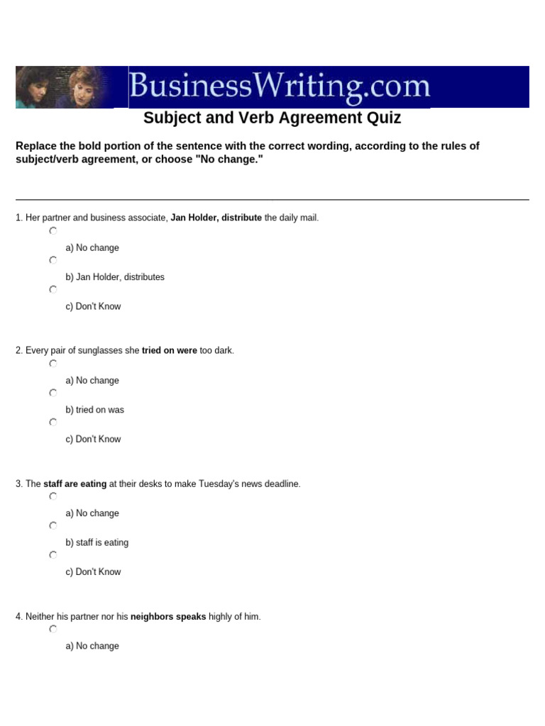 Subject-Verb Agreement Quiz | PDF | Subject (Grammar) | Teaching ...