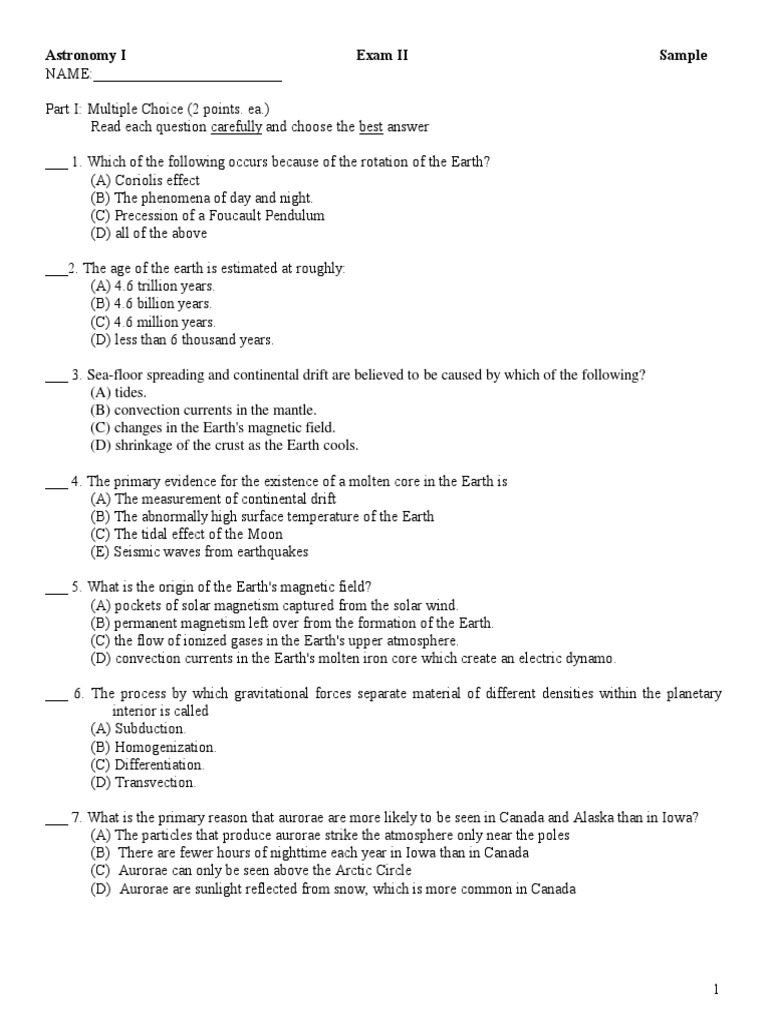 Astronomy I Exam II Sample | PDF | Natural Satellite | Pluto