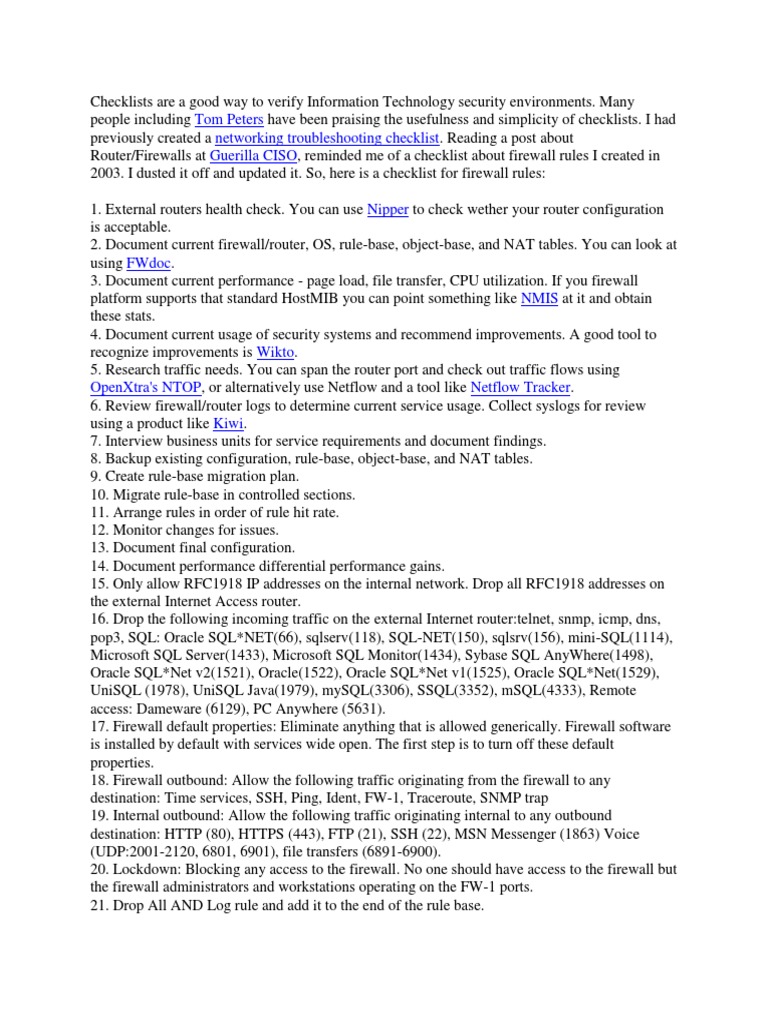 Essential Firewall Rules Checklist | PDF | Firewall (Computing) | Port ...
