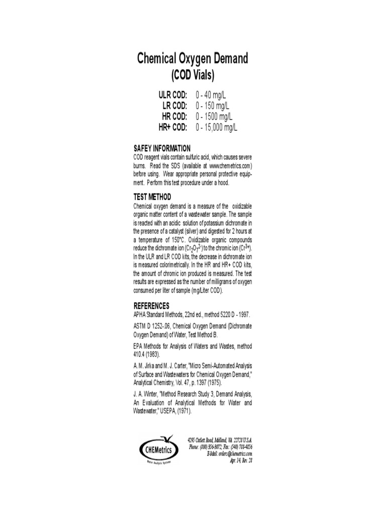 Chemical Oxygen Demand: (COD Vials) | PDF | Physical Sciences ...