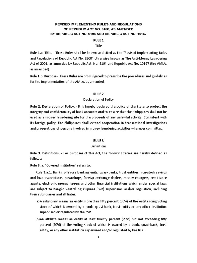 Amla Revised Implementing Rules and Regulations | PDF | Securities (Finance) | Money Laundering