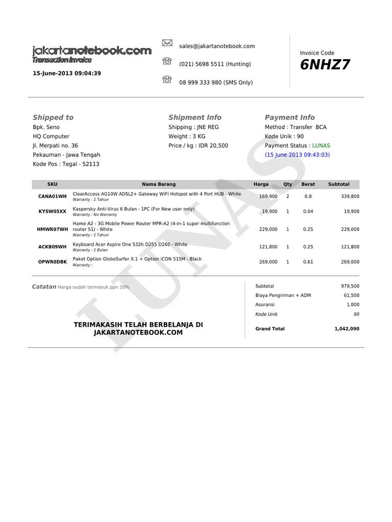 Customer Invoice: Jakarta Notebook | PDF