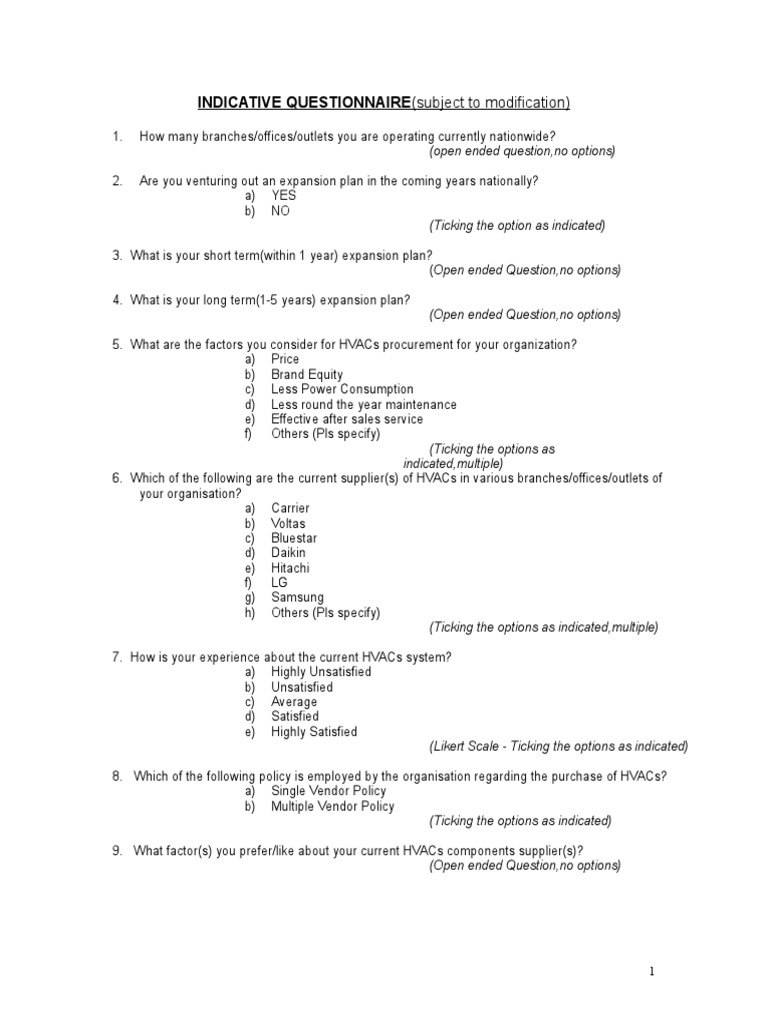 Indicative Questionnaire For ACs | PDF | Procurement | Business