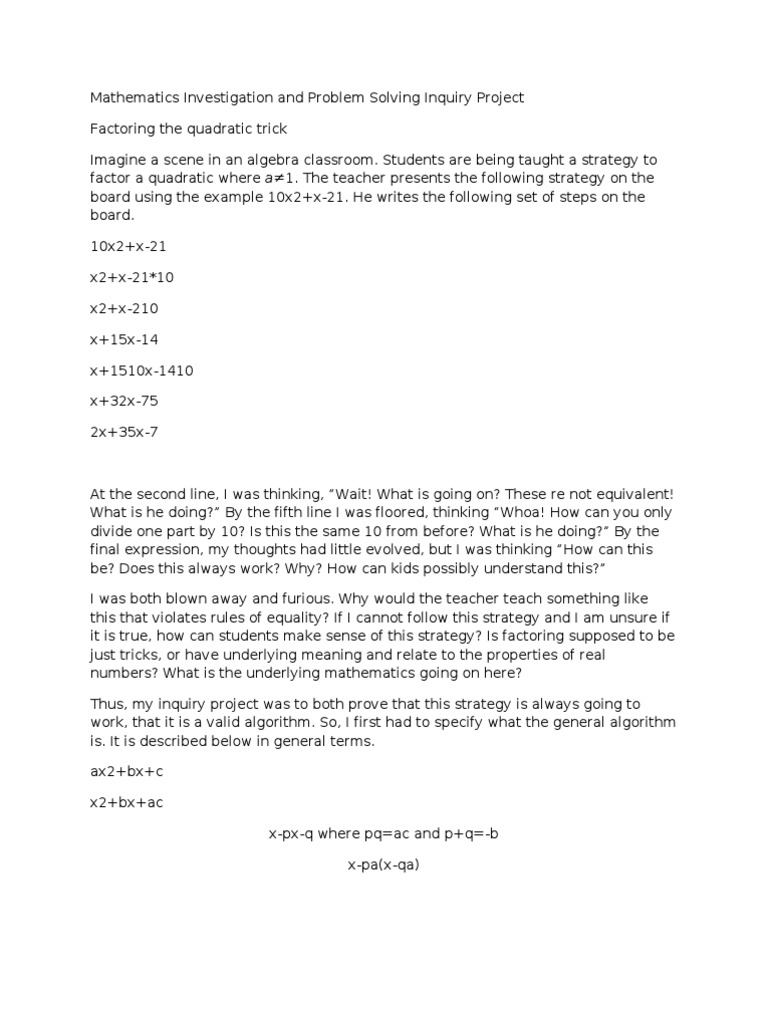 Mathematics Investigation and Problem Solving Inquiry Project ...