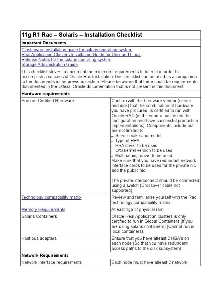11g R1 Rac Solaris Installation Checklist Pdf Network Interface Controller Ip Address
