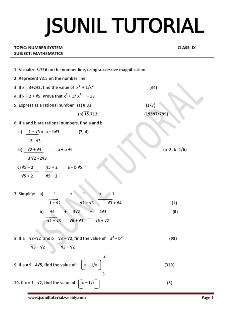 9th Maths Number System Test Paper Worksheet | PDF | Complex Analysis ...