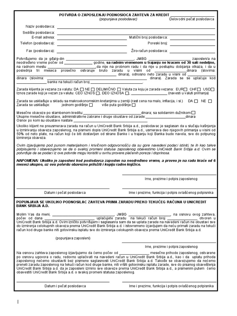 Potvrda o Zaposlenju I Administrativna Zabrana SA PRENOSOM ZARADE-s | PDF