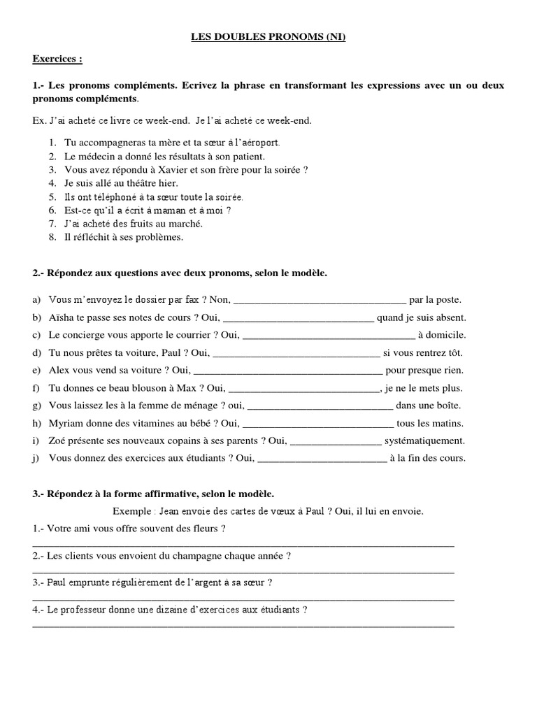 Exercices Doubles Pronoms+corrigé NI | PDF