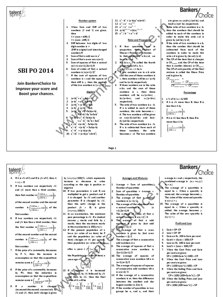 Bank Exam Math Formulas | PDF | Area | Sphere