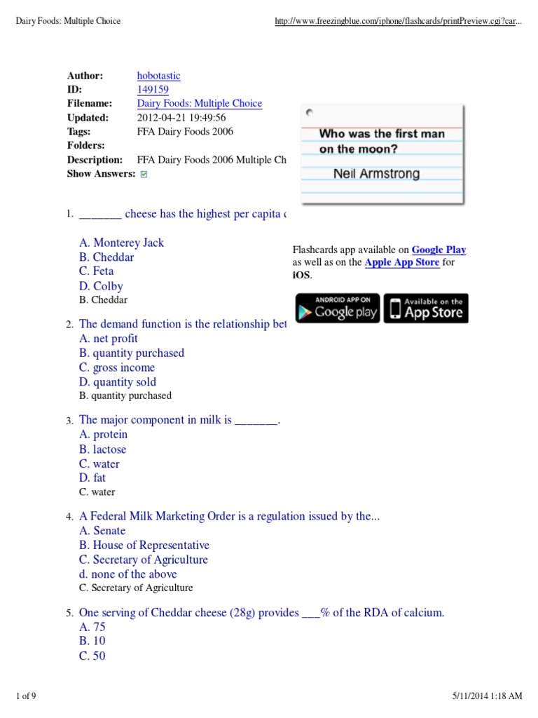 Dairy Foods MCQ Test Guide | PDF | Dairy | Milk