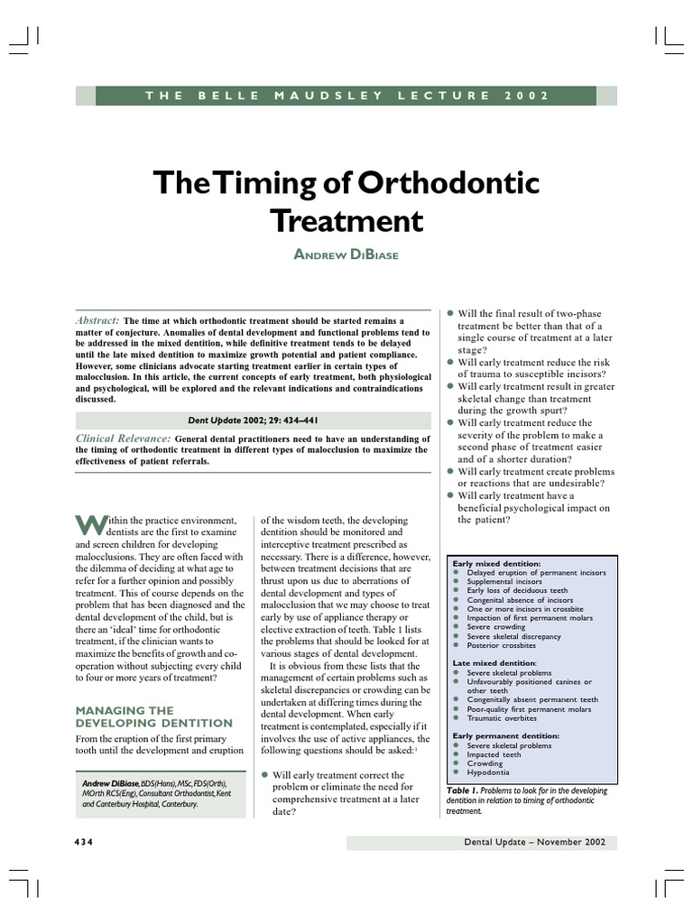 Timing of Early Orthodontic Treatment | PDF | Orthodontics | Mouth