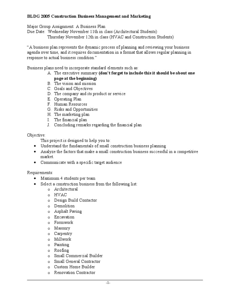 Business Plan Assignment 2009 | PDF | Business Plan | General Contractor