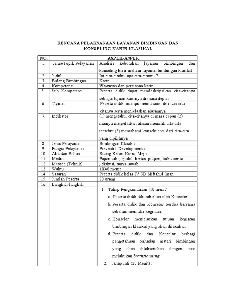 Rencana Pelaksanaan Layanan Bimbingan Dan Konseling Karir Klasikal | PDF