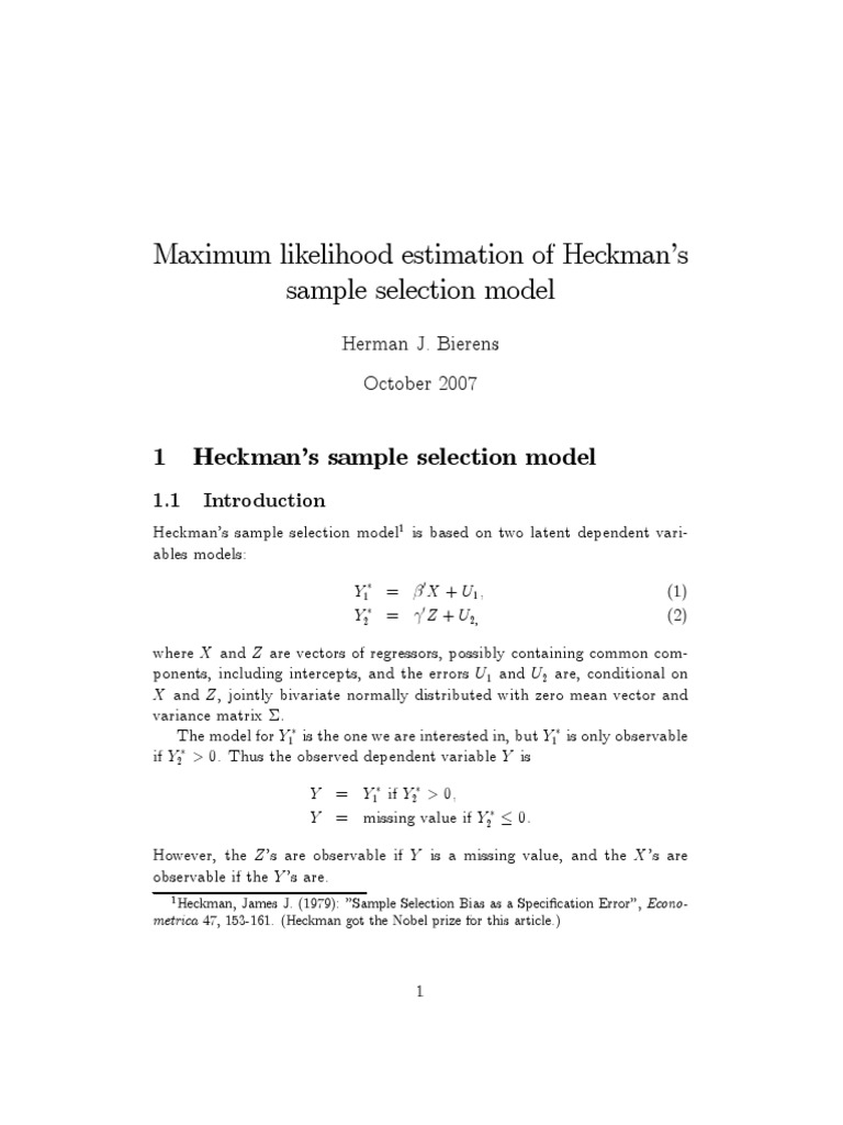 Maximum Likelihood Estimation of Heckman's Sample Selection Model | PDF | Ordinary Least Squares ...