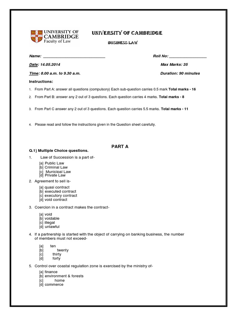 Business Law Exam Paper 2014 | PDF | Partnership | Employment