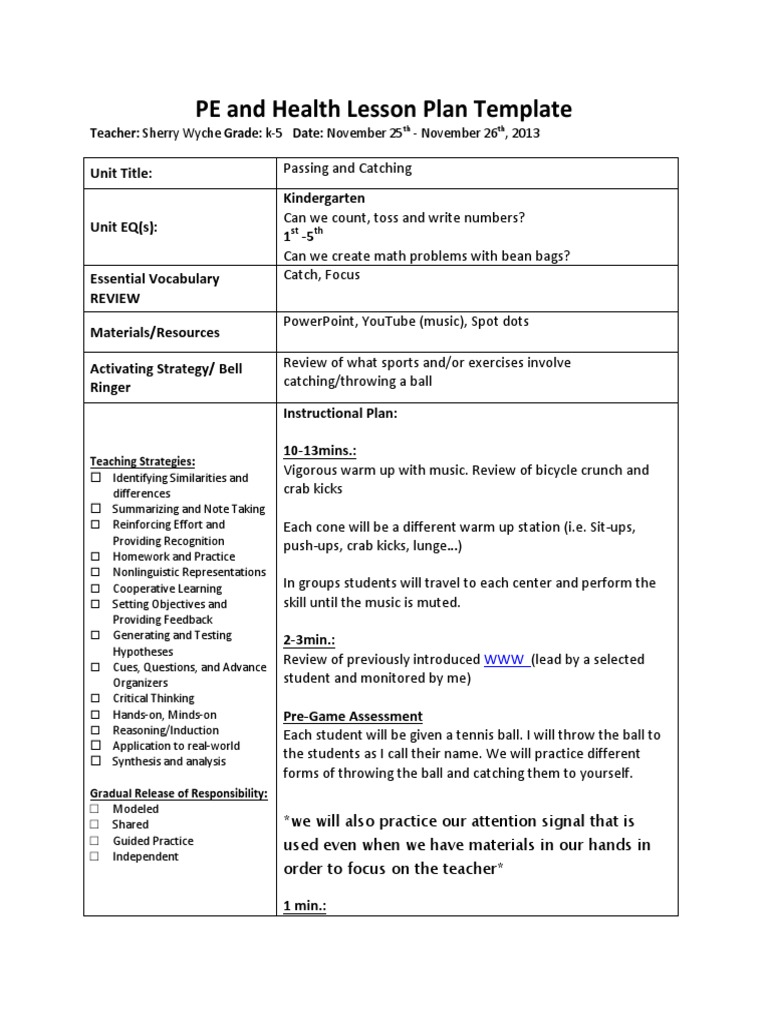 PE and Health Lesson Plan Template: Teacher: Sherry Wyche Grade: k-5 ...