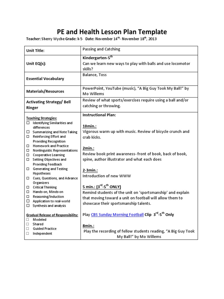 PE and Health Lesson Plan Template: Teacher: Sherry Wyche Grade: k-5 ...