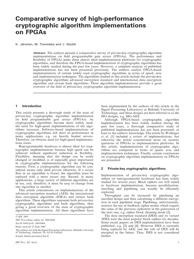 Comparative Survey Of High Performance Cryptographic Algorithm Pdf Cryptography Field