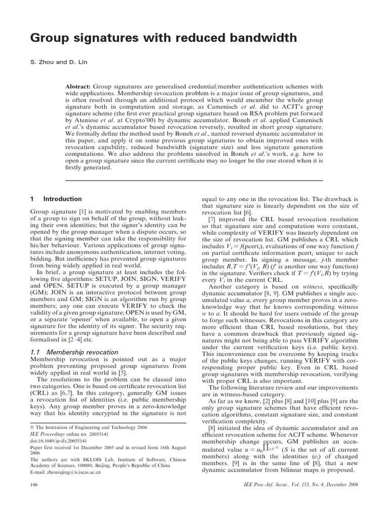 Group Signatures With Reduced Bandwidth: S. Zhou and D. Lin | PDF ...
