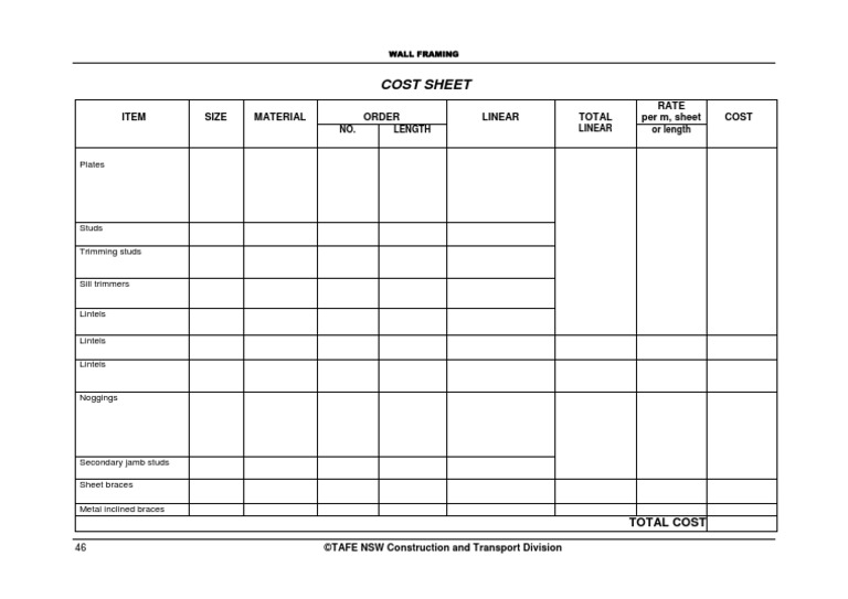Cost Sheet Framing - Blank | PDF
