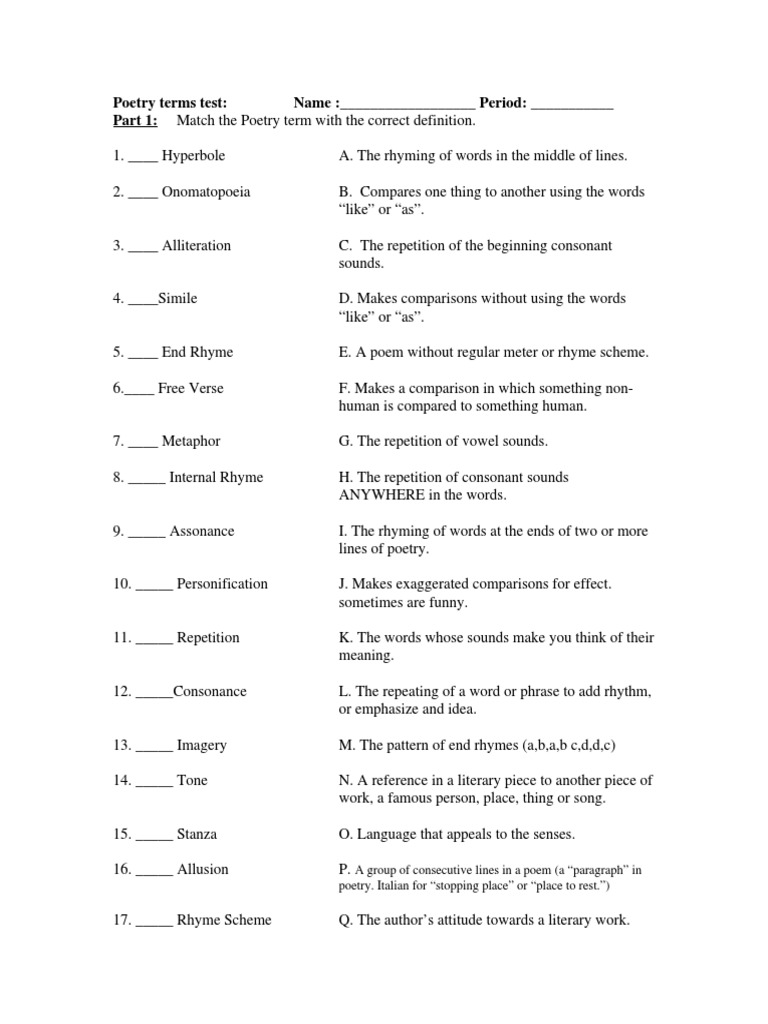 Poetry Terms Test Worksheet | PDF | Rhyme | Poetry