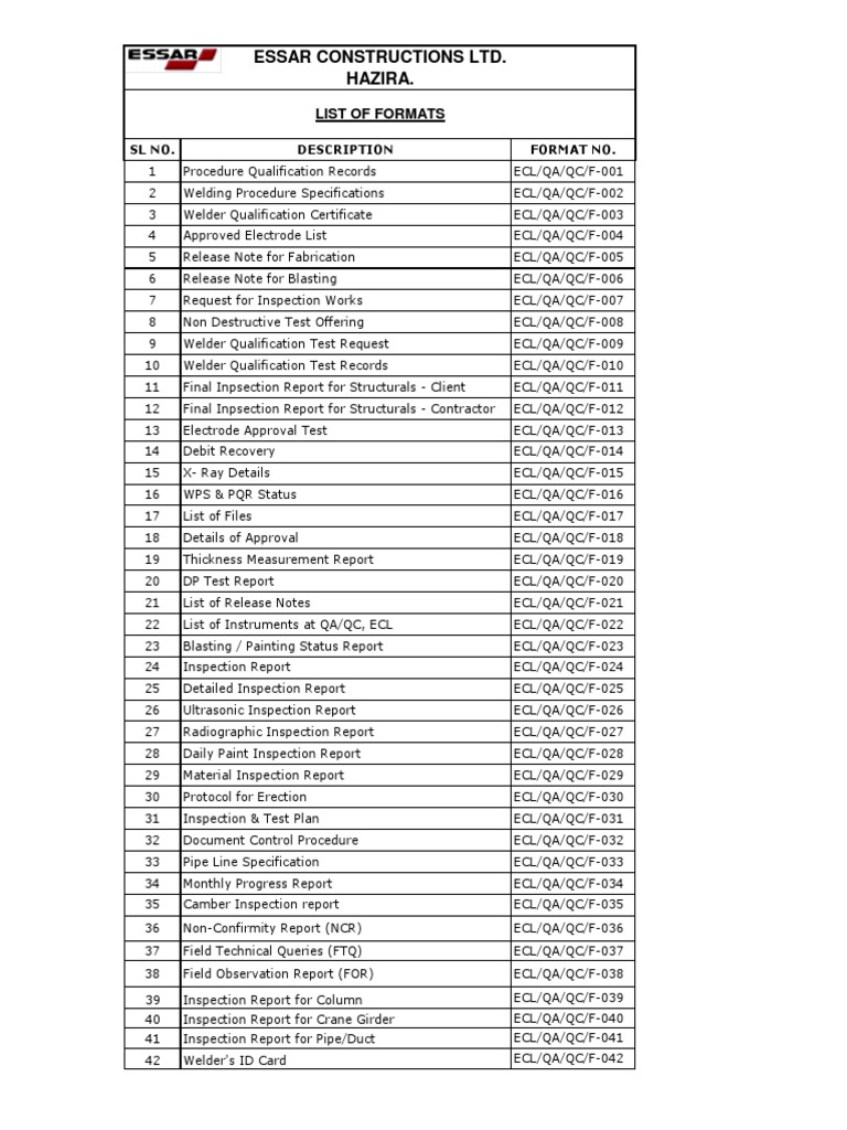 Essar Constructions Ltd. Hazira.: List of Formats | PDF