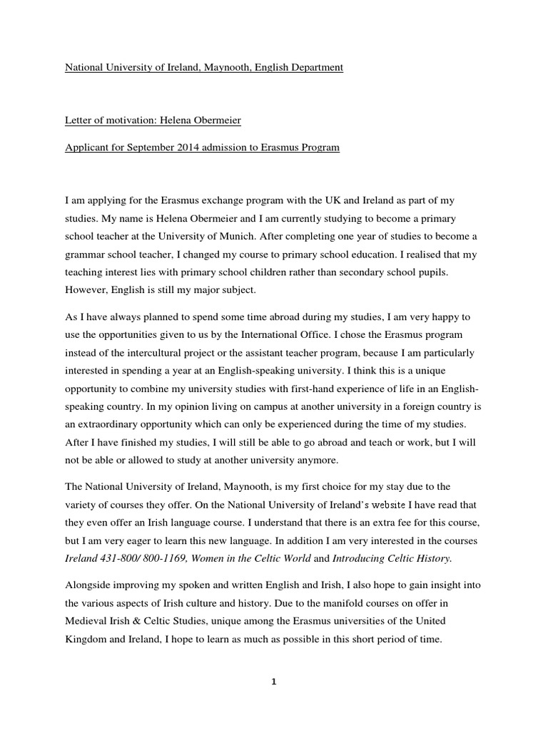 Letter of Motivation Erasmus | PDF | Ireland | England