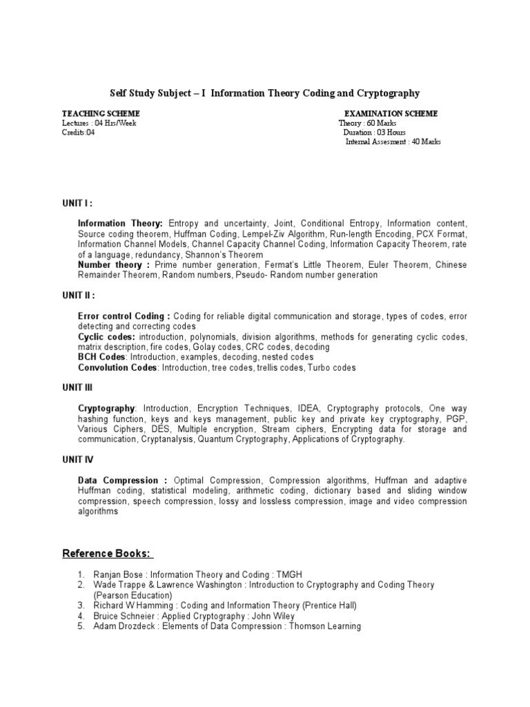 Syllabus - Information Theory Coding and Cryptography | PDF | Forward ...