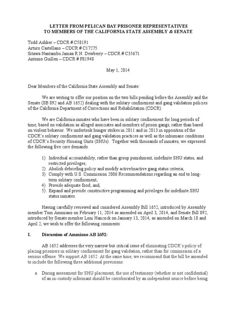 5-1-14 Letter Addressed To California Legislature From California ...
