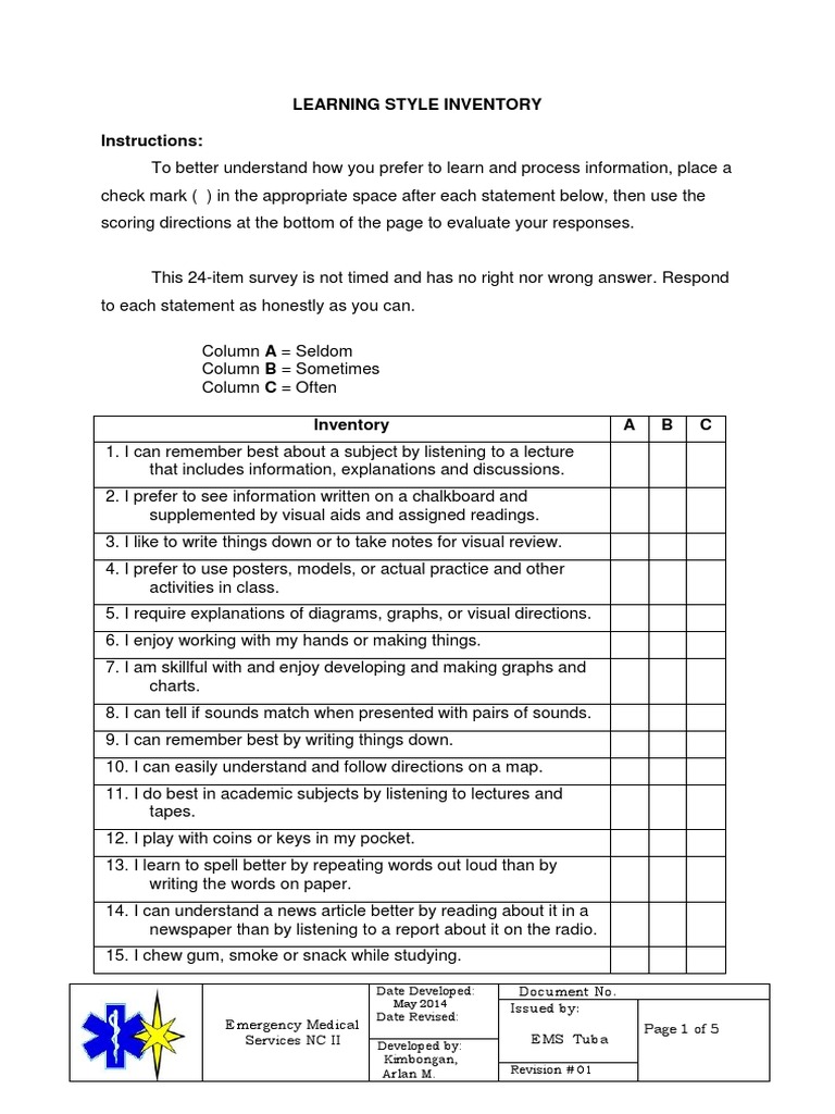 Learning Style Questionnaire | PDF | Learning Styles | Lecture